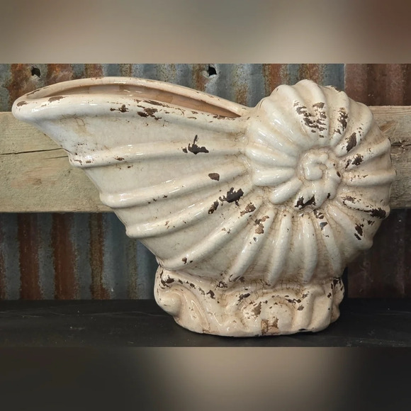 Accents | Beautiful Chippy Crackled Seashell Shell Vase Beach Cottage ...